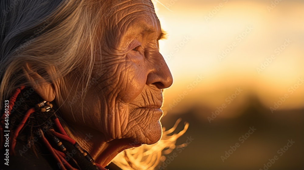 Old senior native american woman close-up portrait with wrinkles skin ...