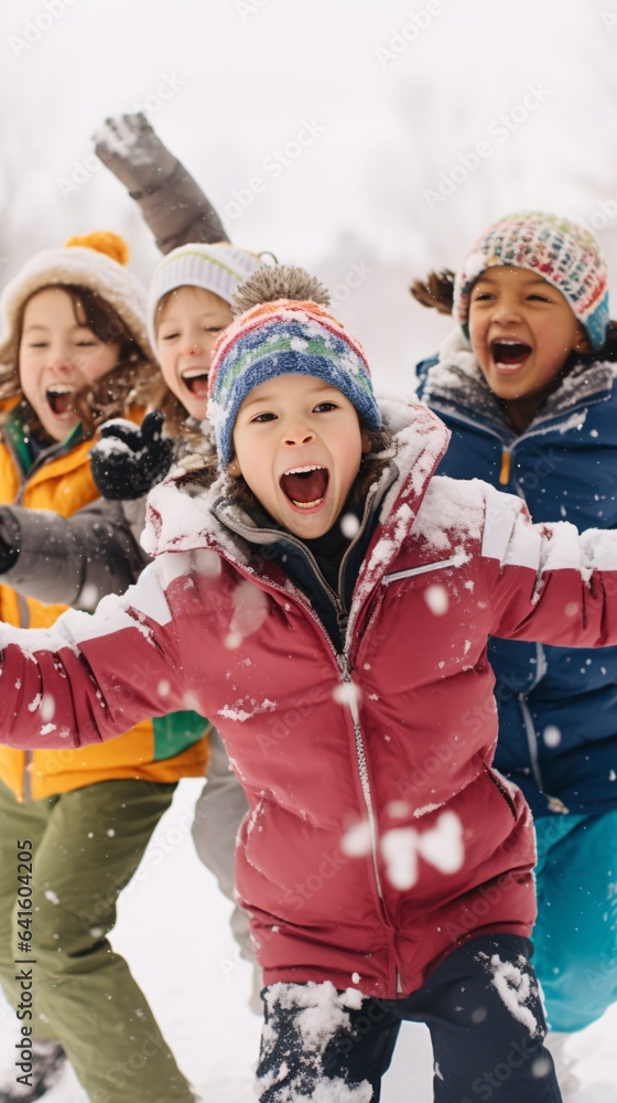 exuberant moment of children engaging in a playful snowball fight ...