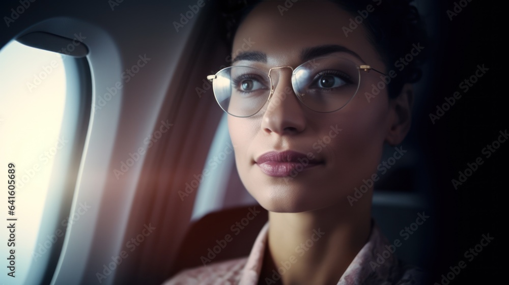 Fashion photo of young businesswoman travels business class aboard a ...