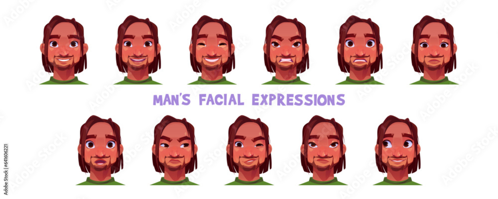 Sad and happy man character facial expression set. Different cartoon ...