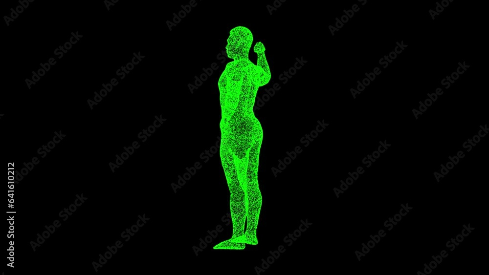 3D Bodybuilder demonstrates biceps rotates on black background. Sports ...