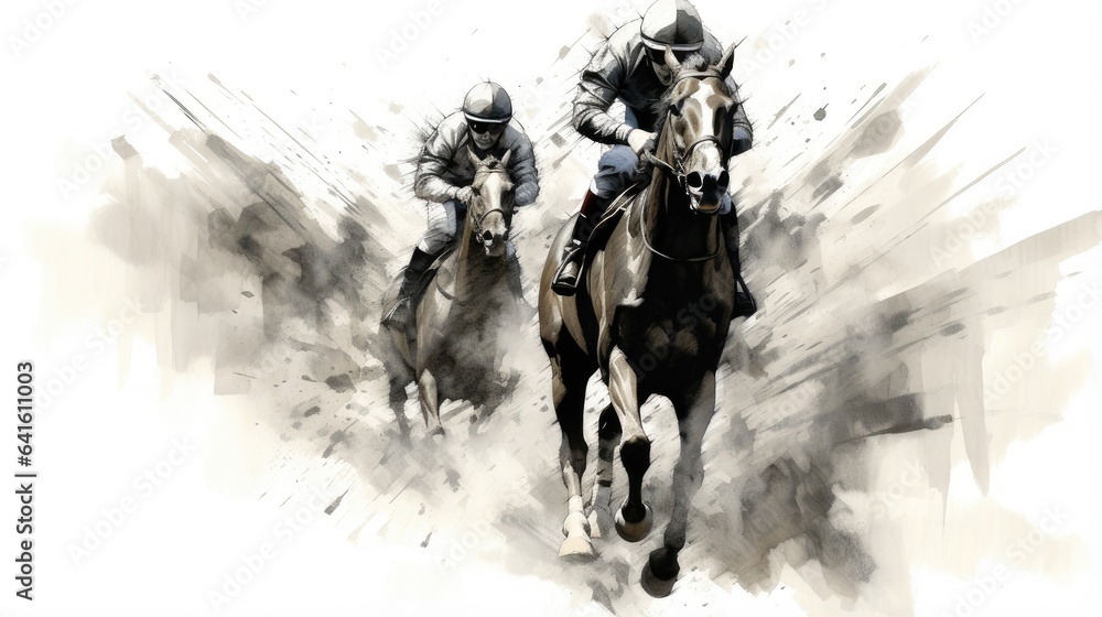 black and white background. horse racing sketch. horse racing ...