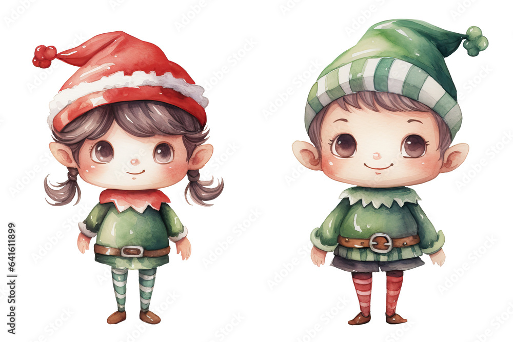 Christmas cute elves on transparent background, Set of Watercolor xmas ...