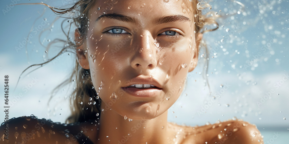 Tanned Sporty Model At The Beach With Sky Background With Wet Skin Just After Swimming Stock