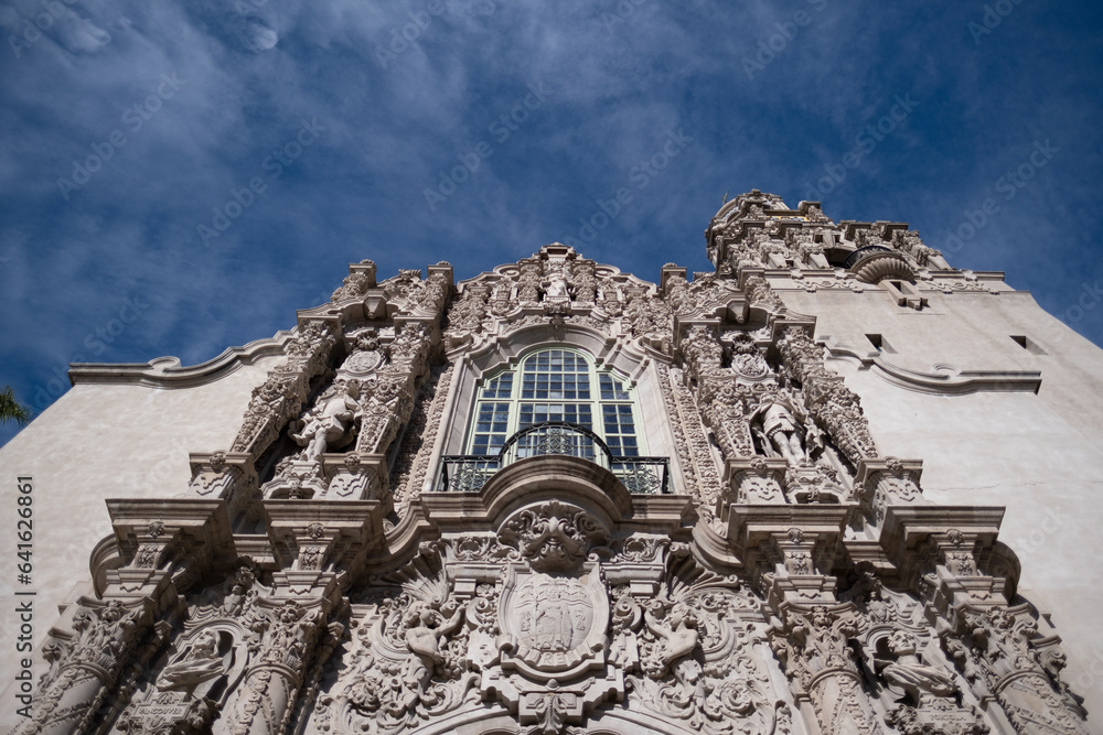 Looking up at the ornate facade of a Spanish-style church in southern ...