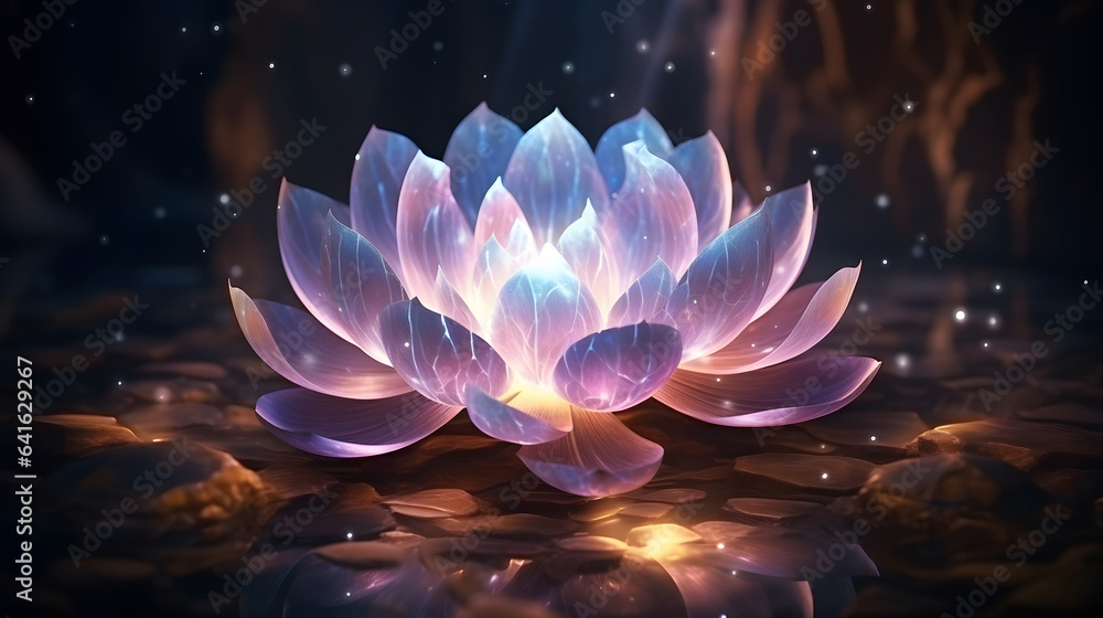 Magic lotus flower with shiny transparent leaves in mysterious esoteric ...