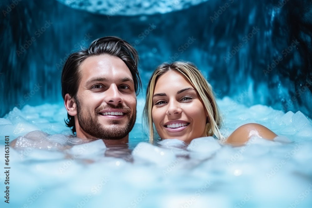 Smiling young couple floating in ice bath filled with cubes of ice. AI ...