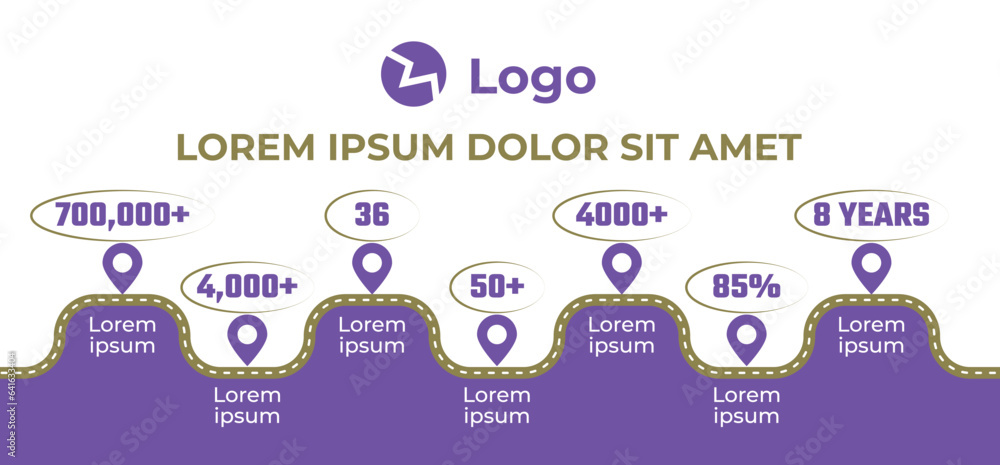 7-step process or path infographic vector template. Purple and gold ...