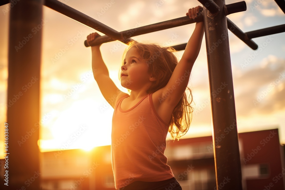 Child girl doing pull ups workout at the outdoors gym in a park. Kids healthy active lifestyle ...