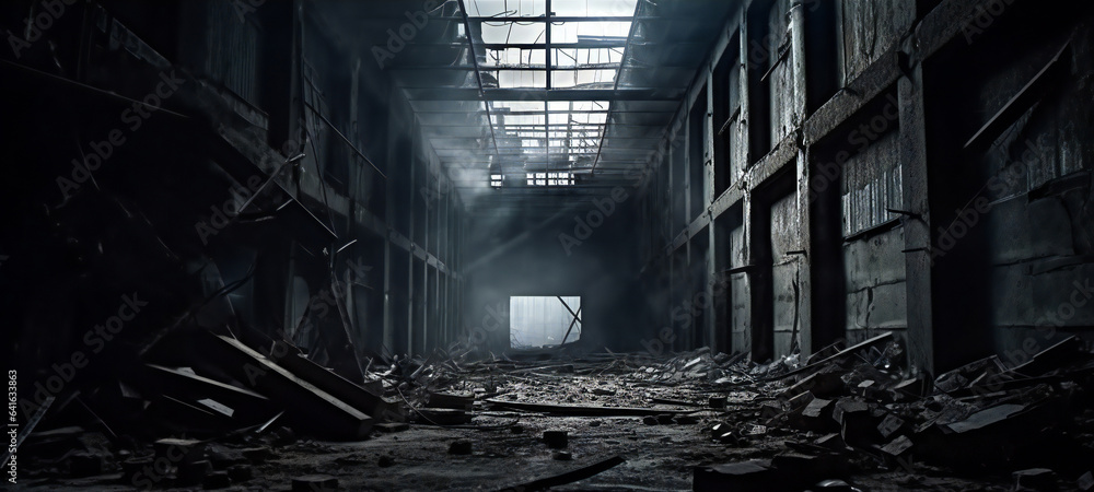 Inside an abandoned or destroyed building with a dark and dim interior ...