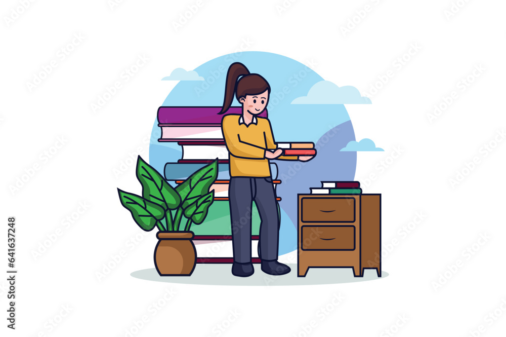 Girl with books concept with people scene in the flat cartoon style. A ...