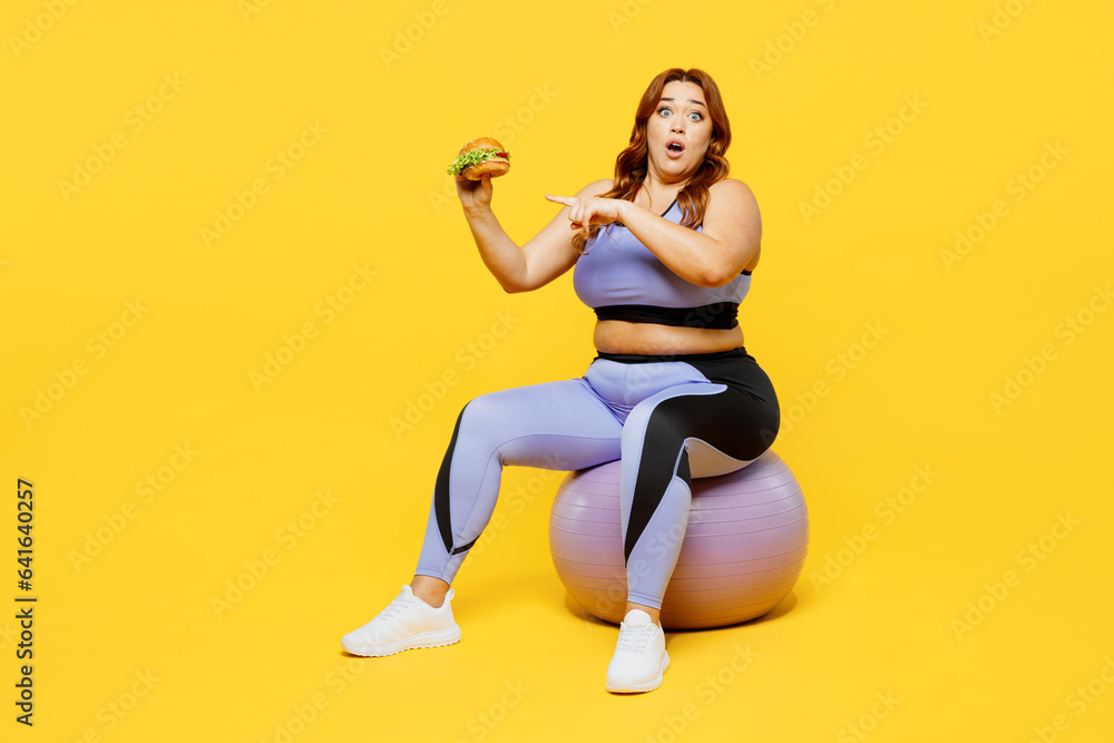 Full body young chubby plus size big fat fit woman in blue top warm up ...