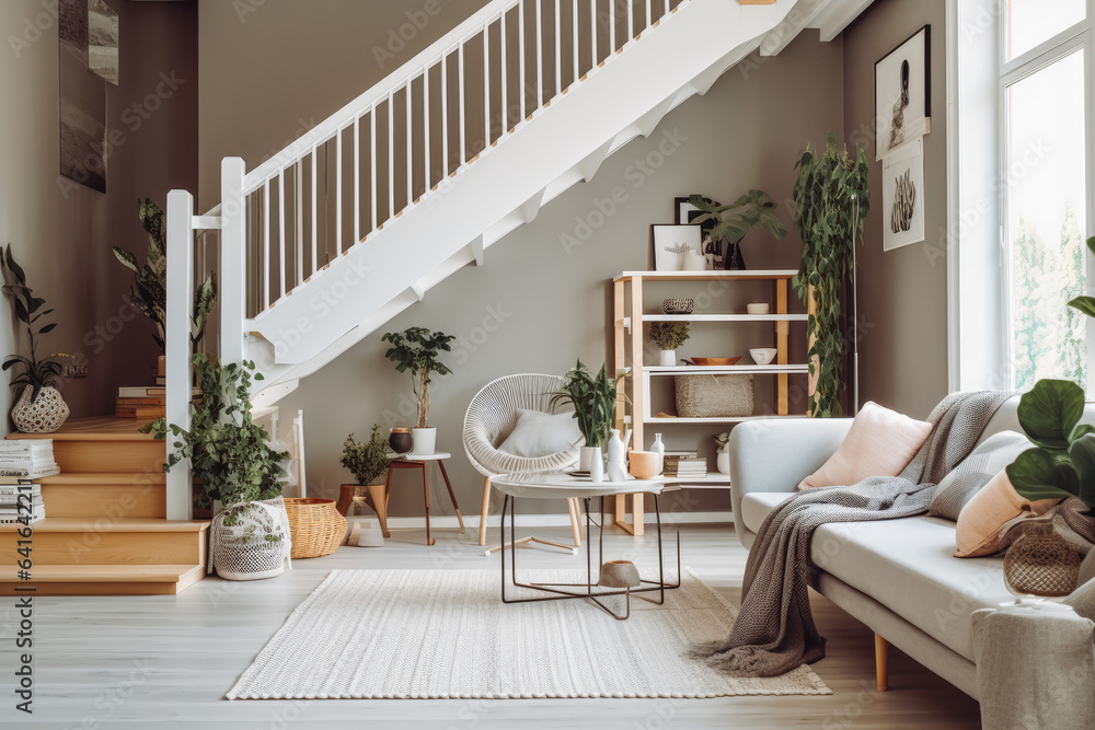 Small cozy living room with staircase, scandinavian interior design ...