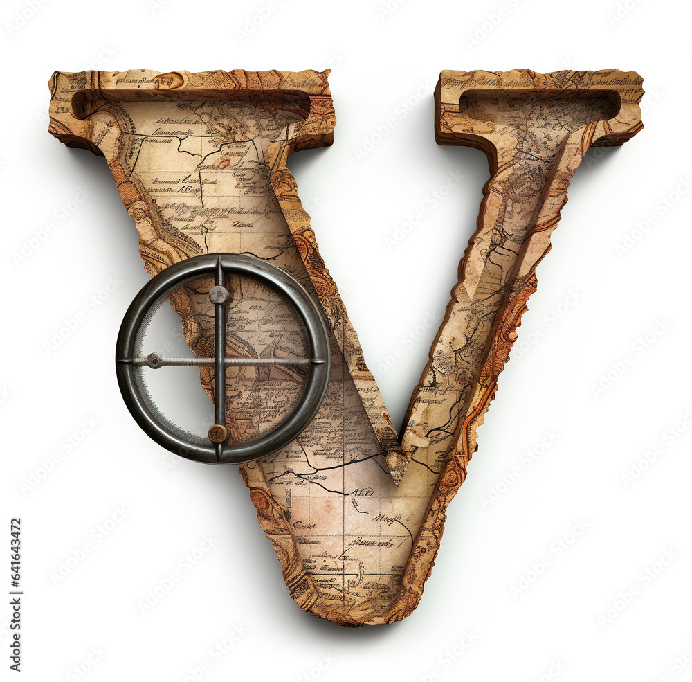 3d render letter v surrounded by Pirate's Map Typeface: Letters that ...