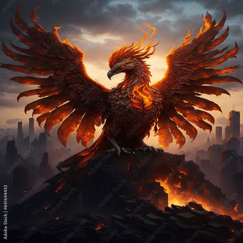 A phoenix with wings of fire, rising from the ashes of a destroyed city ...