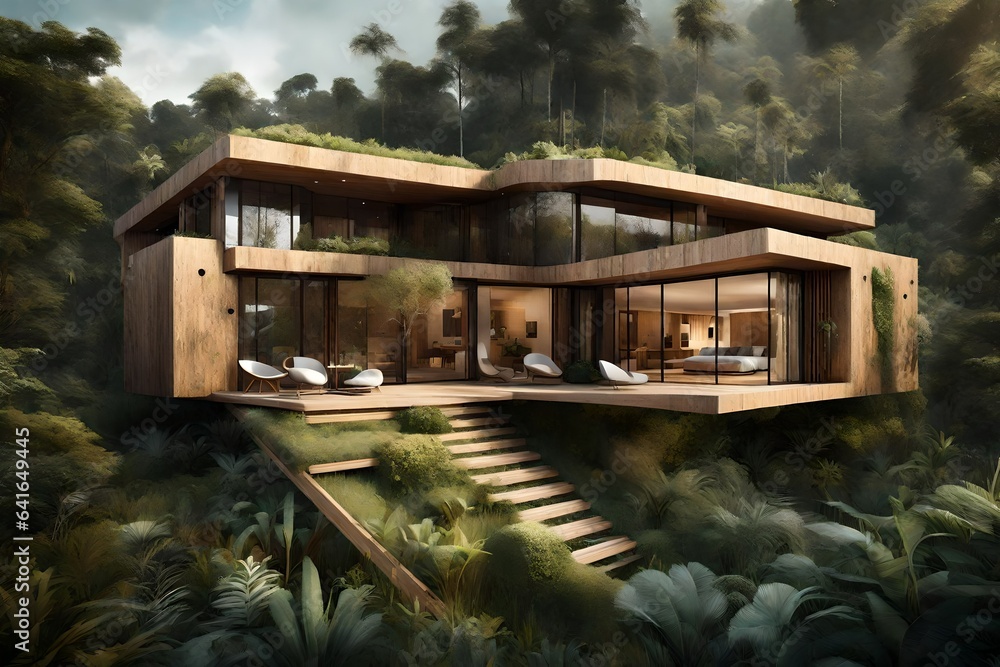 Illustrate a futuristic eco-friendly residence, with living walls ...