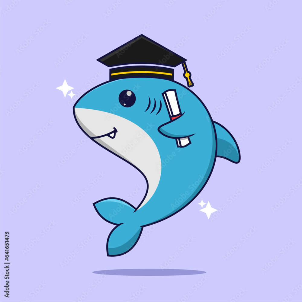 cute shark cartoon character with graduation cap and graduation paper ...