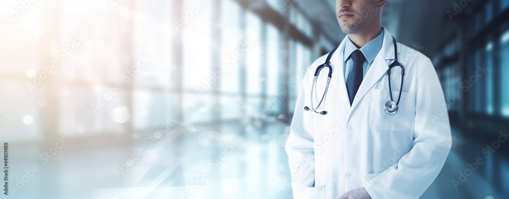 doctor with a stethoscope on the background of a blurred hospital close ...