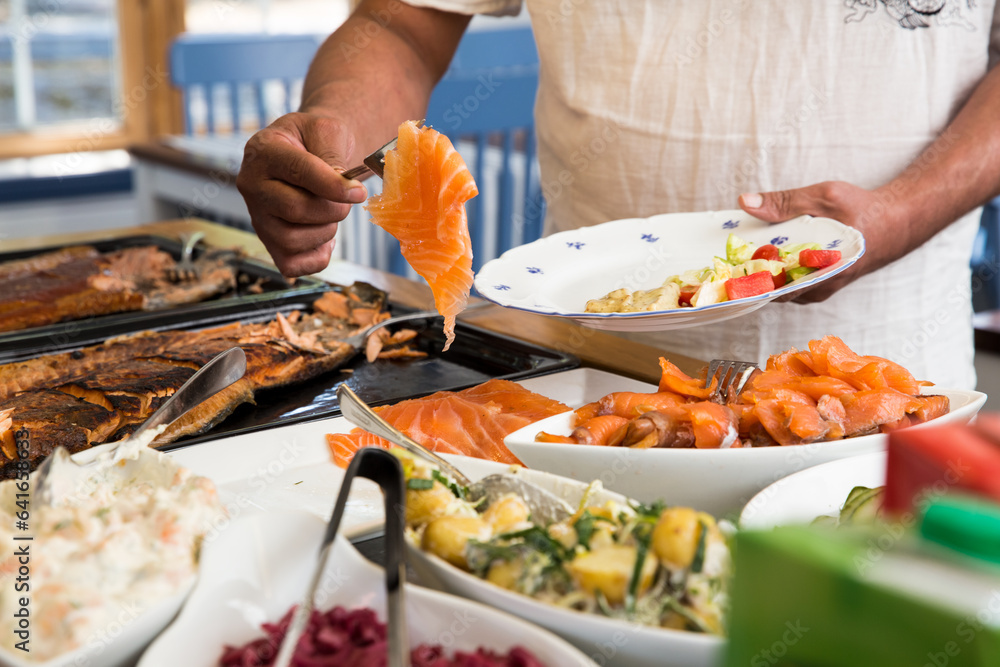Variety dishes served buffet dinner. Mediterranean ketogenic diet, fish ...