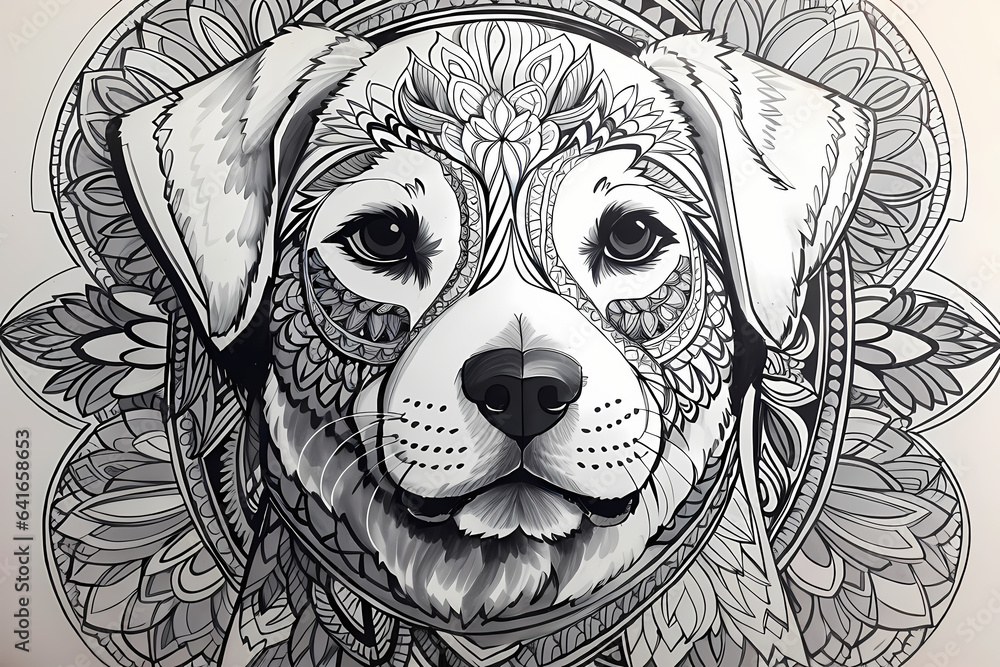 Printable coloring page of cute dog on white background - mandala theme ...