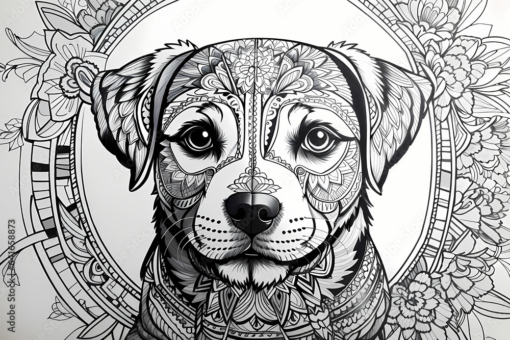 Printable coloring page of cute dog on white background - mandala theme ...