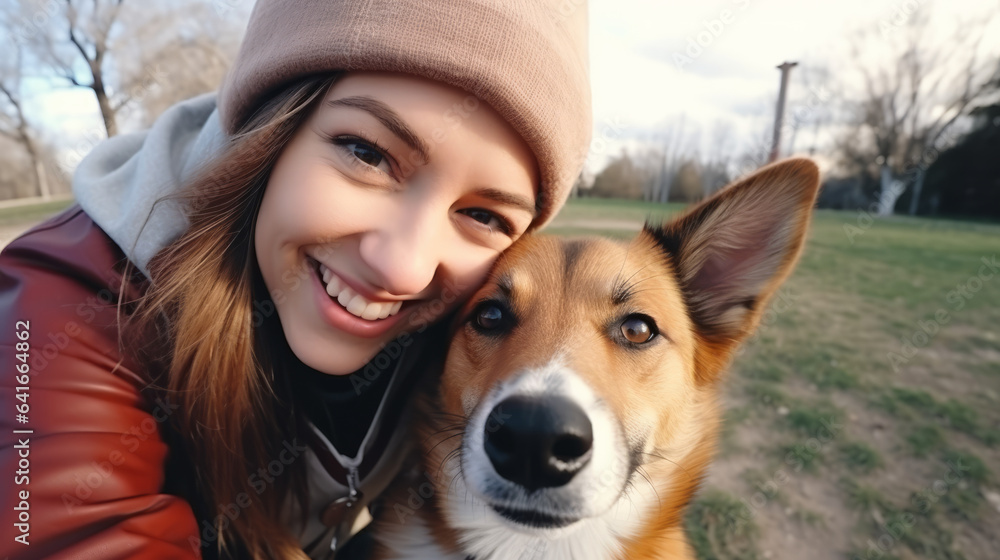 Selfie picture of a young happy woman walking her dog in a park ...