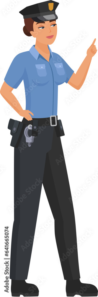 Policewoman with pointing finger. Female police officer in work uniform cartoon vector ...