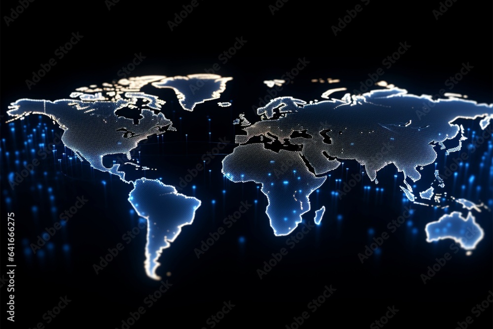 Globalization depicted. Neon dots intricately form world map with ...