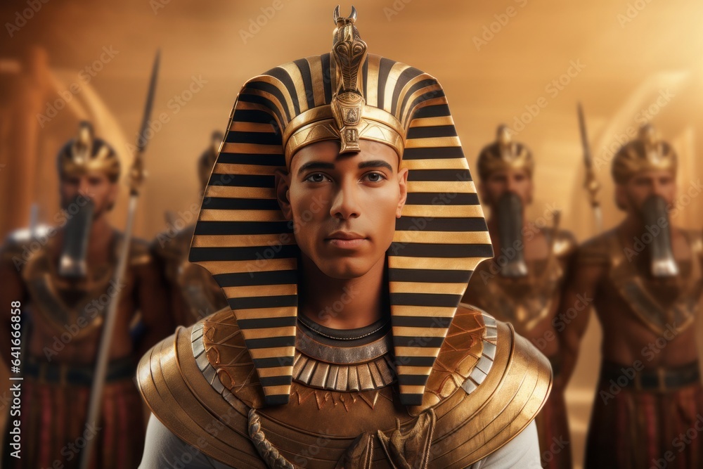 Egyptian pharaoh in regal garb, surrounded by his entourage, capturing ...