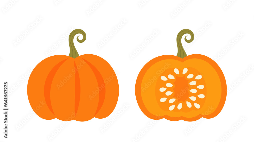 Pumpkin icons, cut pumpkin with seeds inside on transparent background ...