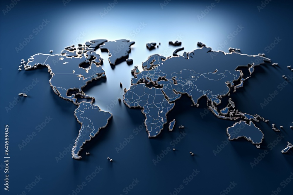 World map depicted in a 3D render with extruded features Stock ...