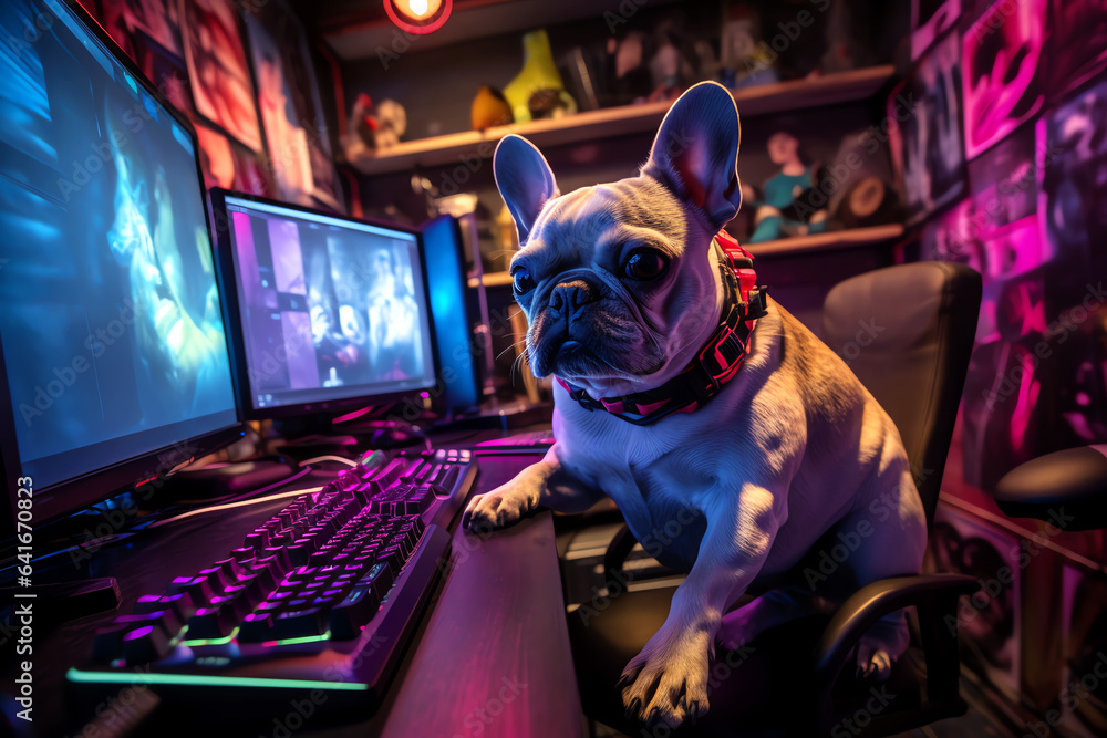 French bulldog gaming dog in gamer cave with computer. Generative ai ...