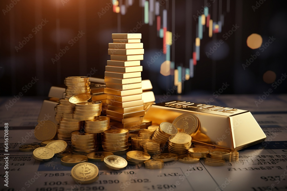Integration of Stock Chart with Gleaming Gold Bars and Coins Stock ...
