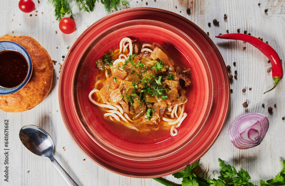 Lagman or Laghman is a Central Asian Dish of Pulled Homemade Noodles ...