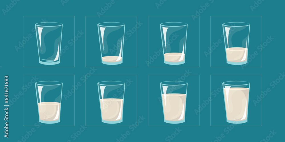 Set of glasses milk animation frames. 2d cartoon liquid animated frames ...