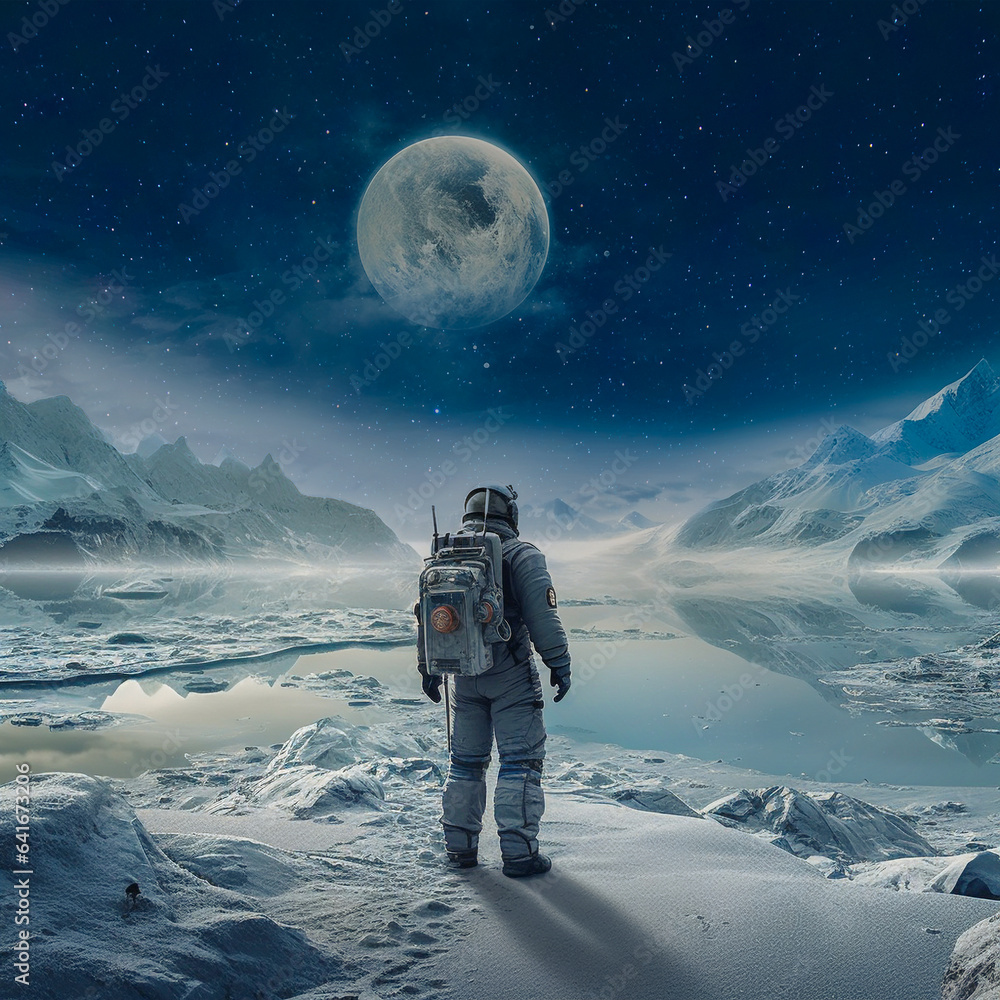 Astronaut on a cold snowy planet. Snowy winter landscape of Antarctica ...