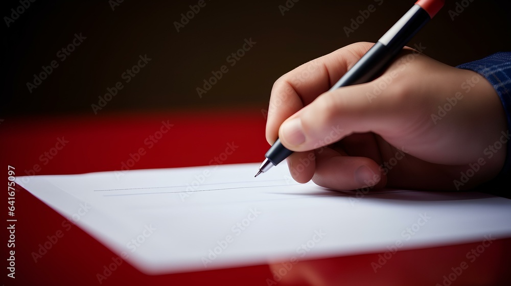 A hand holding a pen over a piece of paper and writing something down ...