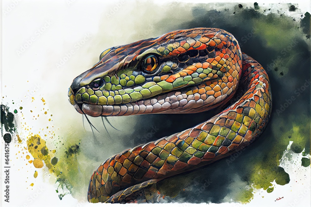 Snake head watercolor illustration with green paint color splash on ...