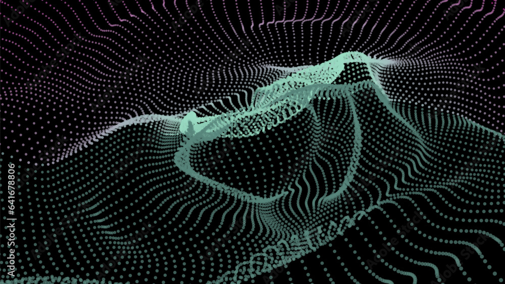 Energy net flows. Dot particle lines penetrating fog. Neon lights ...