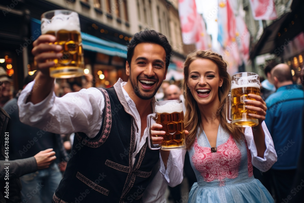 People in traditional attire raise beer steins in camaraderie as the ...