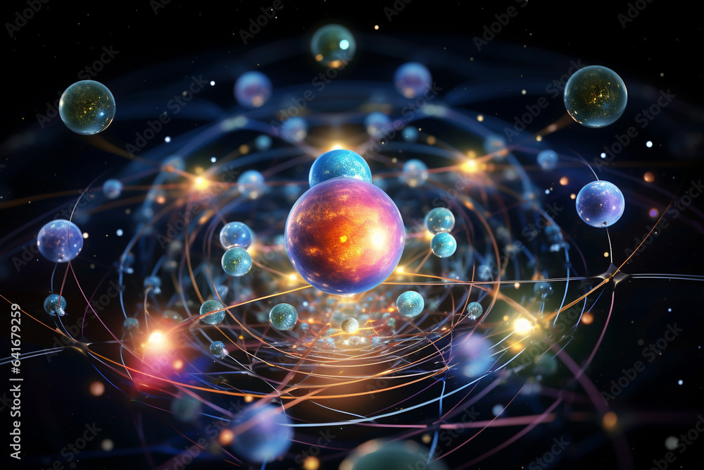 Artistic depiction of electrons orbiting an atomic nucleus, symbolizing ...