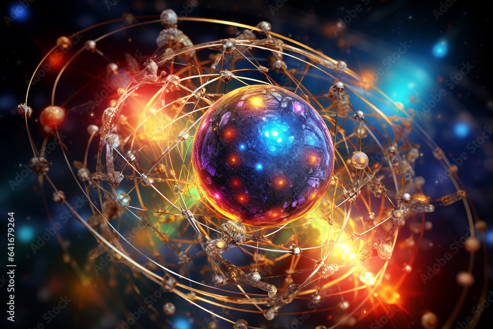 Artistic depiction of electrons orbiting an atomic nucleus, symbolizing ...