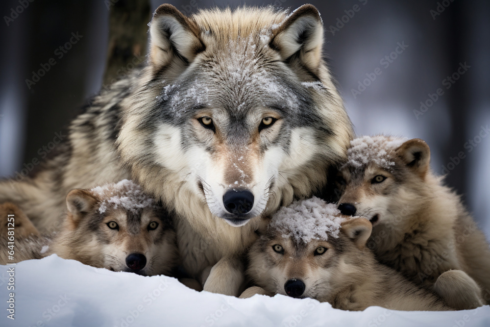 Alpha wolf overseeing the grooming of its pack members, symbolizing the ...