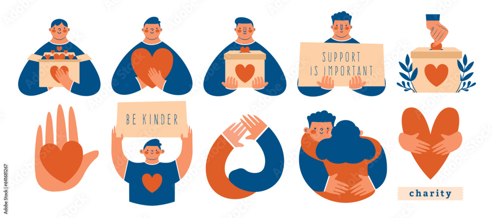 Volunteering, supporting, humanism, charity conception.Set of cute ...