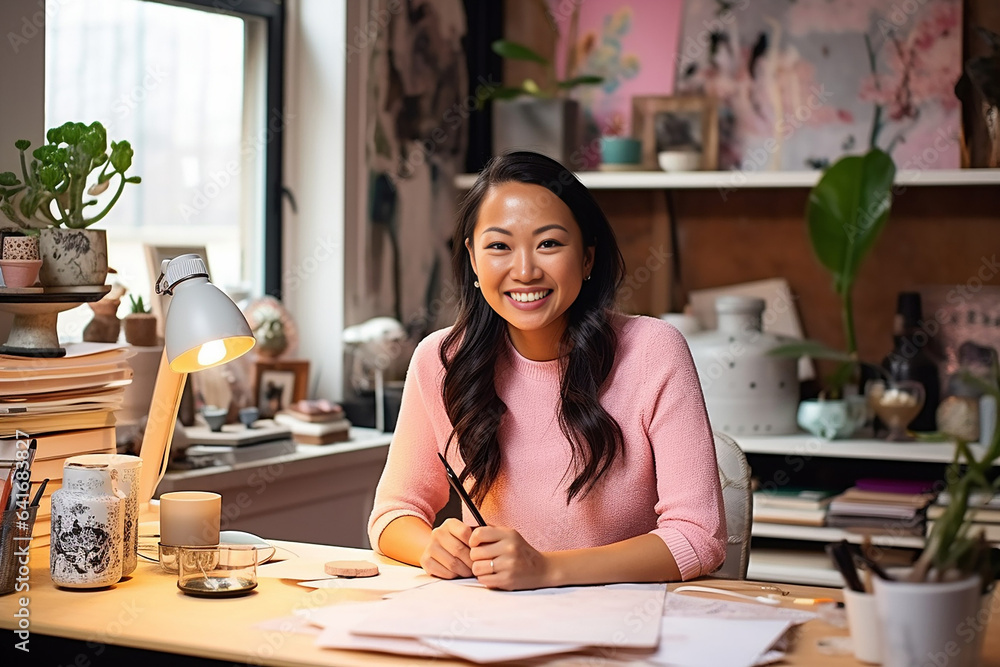 Young woman designer smiling. Portrait photo of woman interior designer ...
