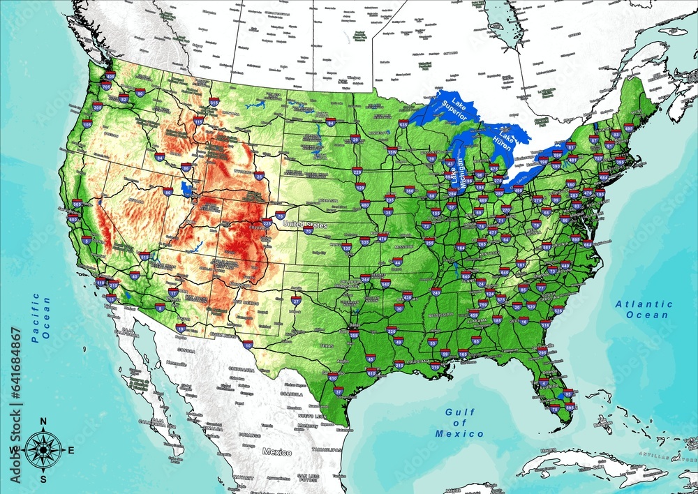 USA United States Composite Locations and Administrative Borders Map ...
