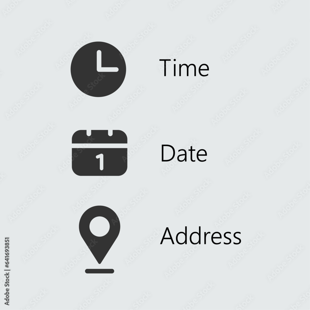 Time, date, location address icon set. Calendar clock, time, address ... Time, date, location address icon set. Calendar clock, time, address ...