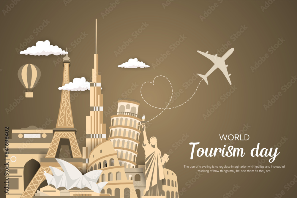 World tourism day flat vector illustration with world's famous ...