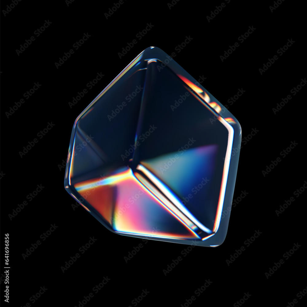 3d crystal glass cube with refraction and holographic effect isolated ...