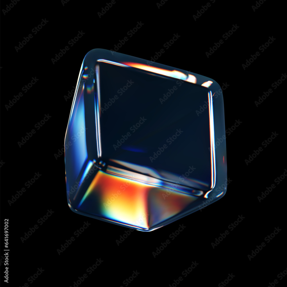 3d crystal glass cube with refraction and holographic effect isolated ...